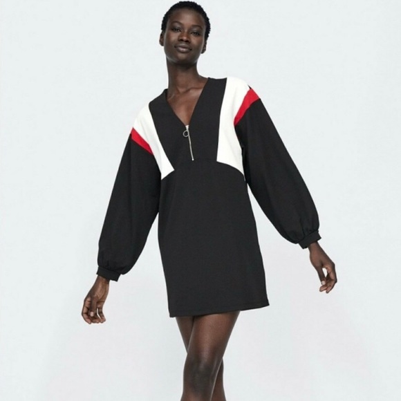 Zara | Dresses | Zara Black Mod Front Zip Color Block Ballon Sleeve Mini Dress | Poshmark